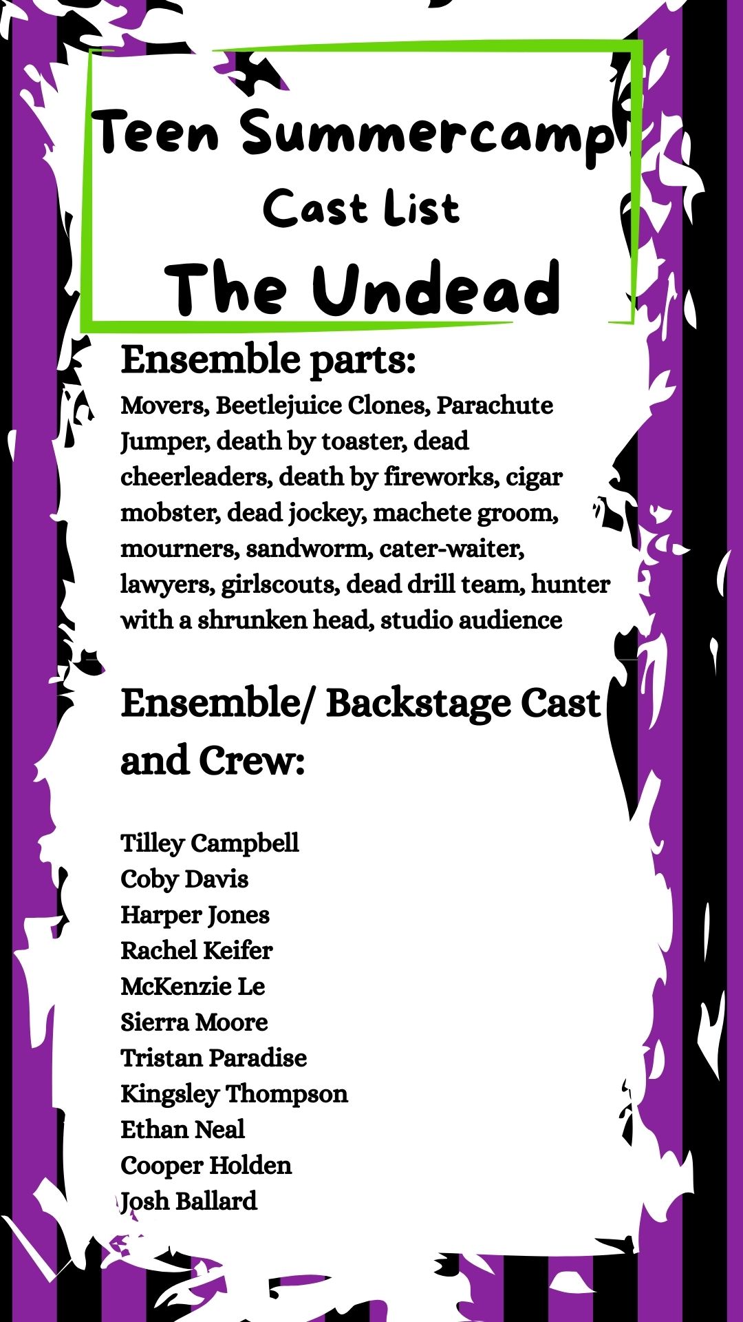 Cast List for Beetlejuice Jr - Summer Drama Program - Hart County ...